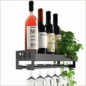 CARRTAN Wine Rack Wall Mounted with Wine Glass Holder - Hanging Wine Rack - Modern Minimalist Style Metal Wine Rack & Mounted Wine Rack 15.8 x 5.5 x 4 in(Black)