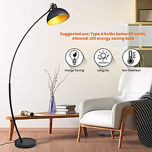 Archiology Arc Floor Lamp Black, Modern Adjustable Floor Reading Lamp with Metal Black Shade & Gold Interior for Living, Family