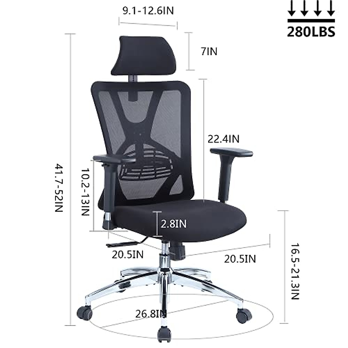 Ticova Ergonomic Office Chair - High Back Desk Chair with Adjustable Lumbar Support & 3D Metal Armrest - 130°Reclining & Rocking Mesh Computer Chair with Thick Seat Cushion & Rotatable Headrest