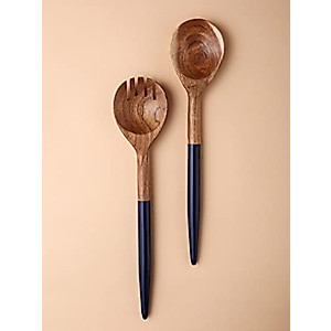 YoTreasure Tiramisu Resin & Wood Blue Salad Server Set Utensils for Modern Serving and Cooking