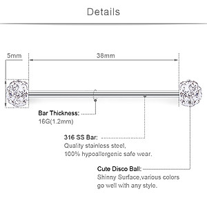 SCERRING 6PCS 16G Gems Industrial Barbell Cartilage Earring Body Piercing Jewelry 1 1/2"(38mm)