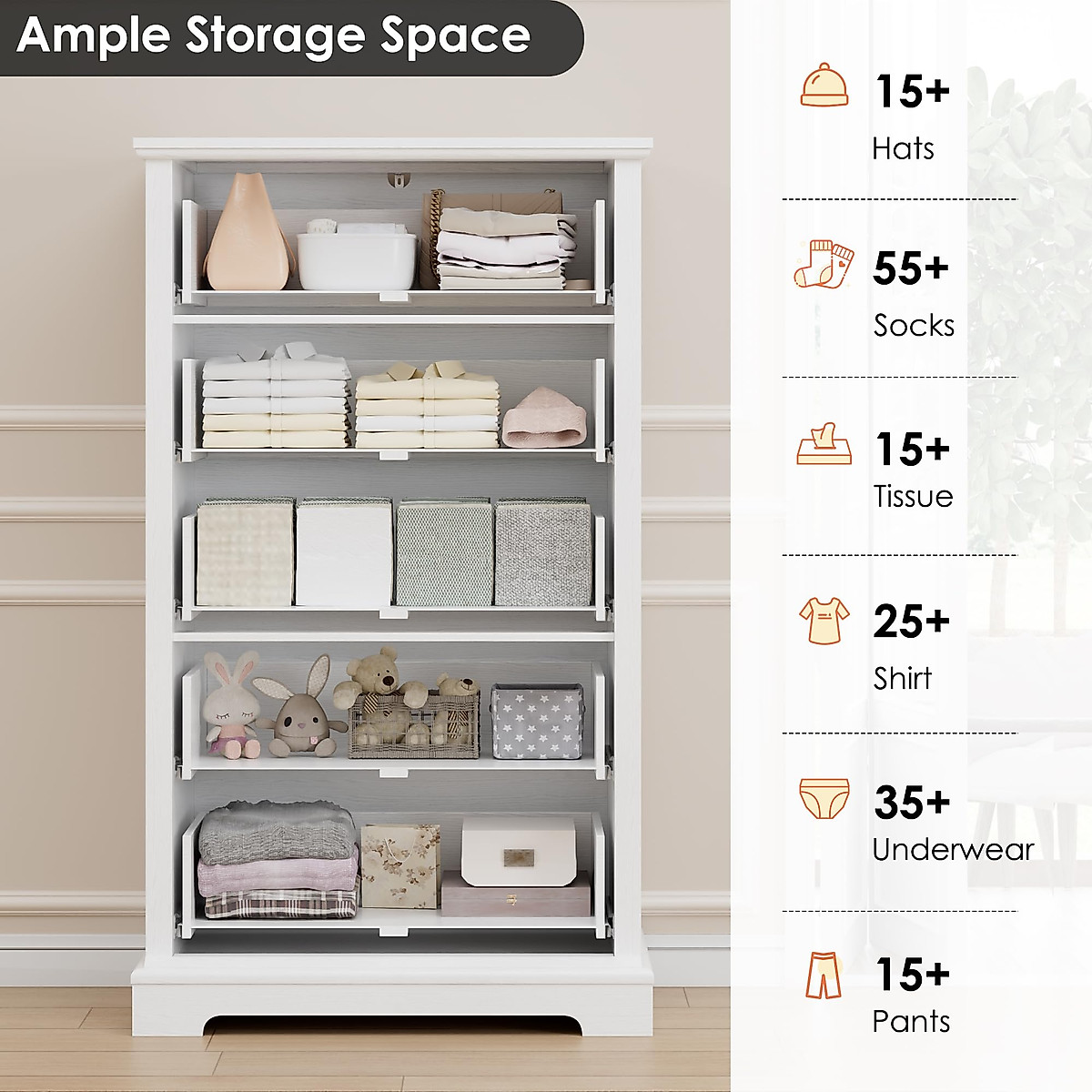 HOSTACK 5 Drawers Dresser, 44" Tall Dresser with 5 Drawers, White Chest of Drawers with Storage, Modern Farmhouse Wood Dressers for Closet, Living Room, Hallway