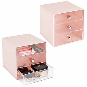 mDesign Plastic 3 Drawer Cosmetic Organizer - Stackable Storage Cube with Pull-Out Drawers for Bathroom Countertop, Vanity, Desk - Makeup Storage Drawers, Lumiere Collection, 2 Pack, Light Pink/Clear