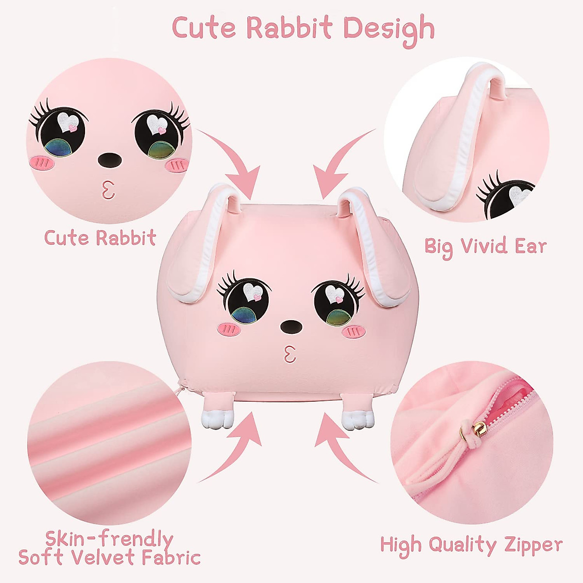 Big Ear Rabbit Toy Organizers and Storage, Cute Bean Bag Chair Pink for Girls Room Decorations, Large Size 22x24 Inch Velvet Extra Soft, Cover ONLY
