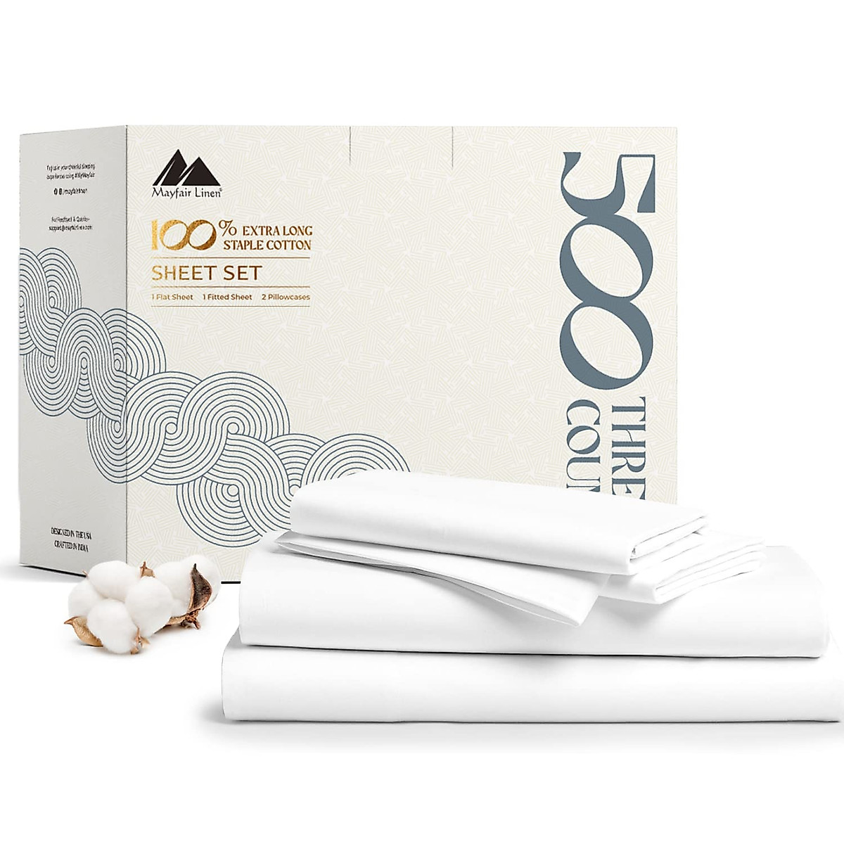 Mayfair Linen Full Size Sheets Cotton - 500 Thread Count 4 PC 100% Cotton Full Size Sheet Sets, 16” Deep Pocket Full Size Sheets Set, Cooling Full Sheet Set, Luxury Hotel Sheets & Pillowcases (White)