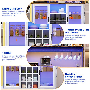Vinctik 6&Fox Farmhouse LED Coffee Bar w/60000-color Lights,Power Outlet,7 Hooks,9Wink Racks,Adjustable Shelf for Tea Liquor Wine.Sliding Glass Door