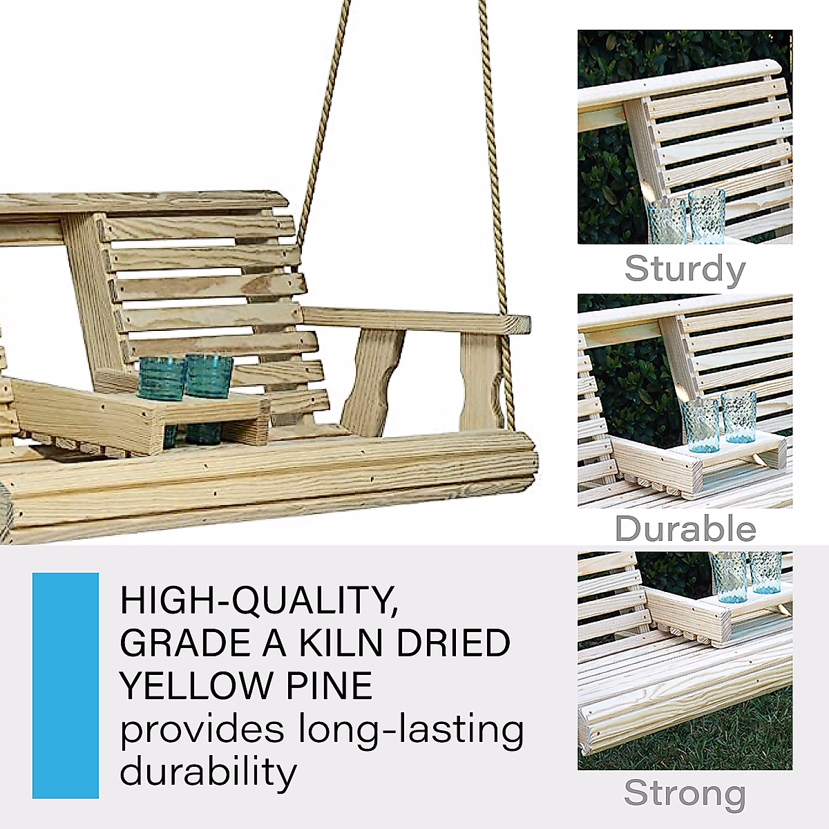 Porchgate Amish Heavy Duty 800 Lb Rollback Console Treated Porch Swing with Hanging Ropes (Unfinished)