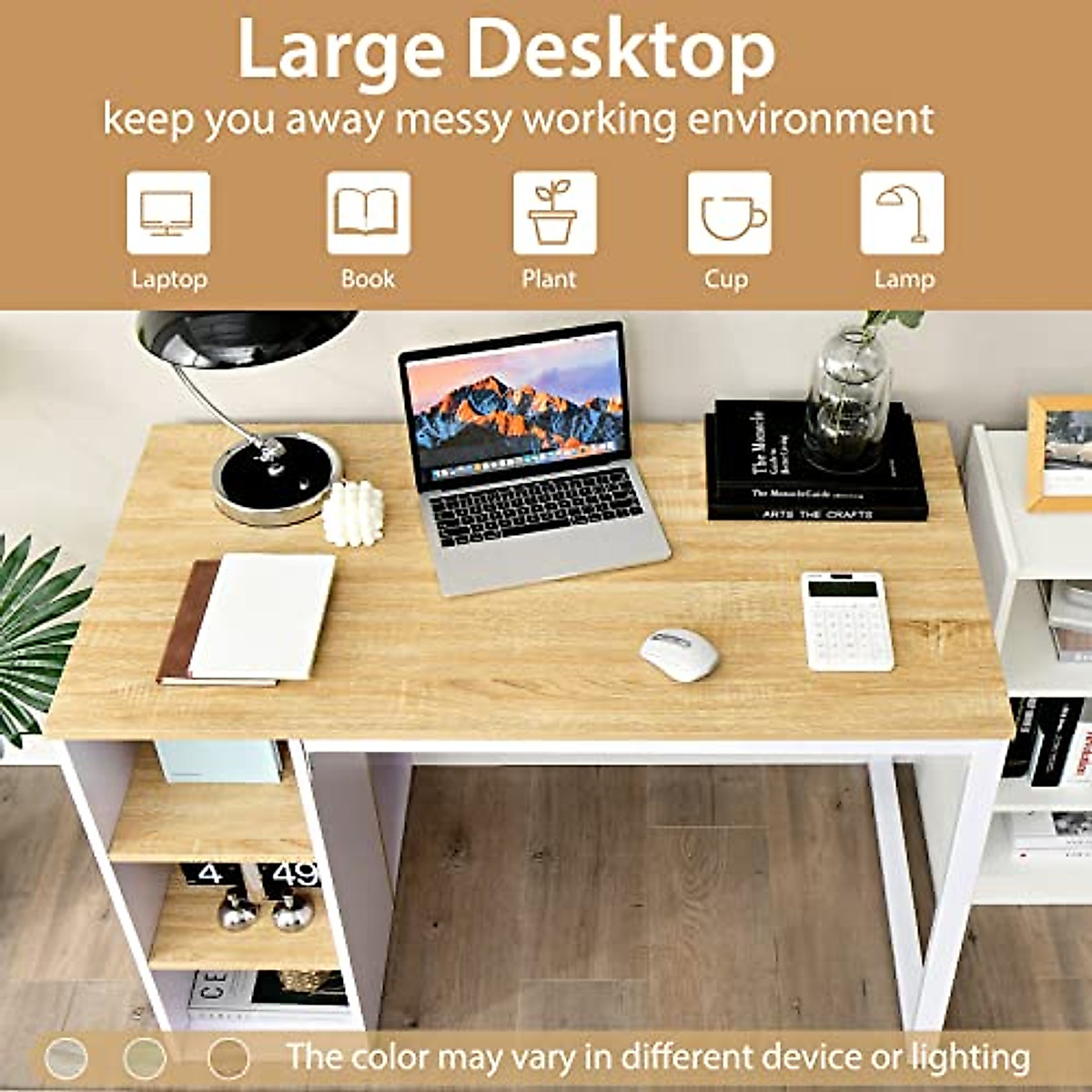 Tangkula Computer Desk with Storage Shelves, Home Office Desk with 5 Side Shelves & Metal Frame, Space Saving Laptop PC Desk, Writing Study Desk, Modern Vanity Desk for Bedroom (Natural)