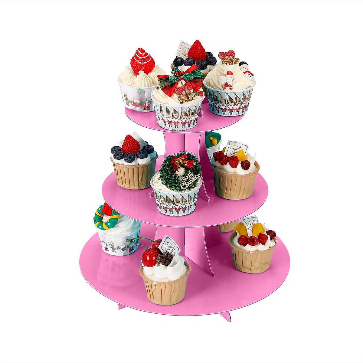 YLDW 3-Tier Cupcake Stand, Cake Stand Holder, Tiered DIY Cupcake Stand Tower for Dessert Table Displays, Birthday Theme Party Favors Decoration, Floral Tea Party, 12" W x 12.8" H, Pink