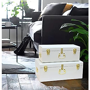 Vixdonos Decorative Metal Box Storage Trunks Set of 2 College Dorm Chest with Lock Hole,23.7X14.2X9.5 Inches(White)