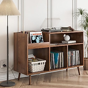 Furtivusia Mid Century Modern Record Player Stand with Power Outlet - Holds up to 350 Albums, Vinyl Record Storage Cabinet and Turntable Stand