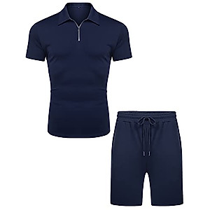 URRU Mens Classic 2 piece Polo Shirts Zipper Short Sleeve Solid Casual Slim Fit Basic Lapel Polos and Shorts Navy XXL