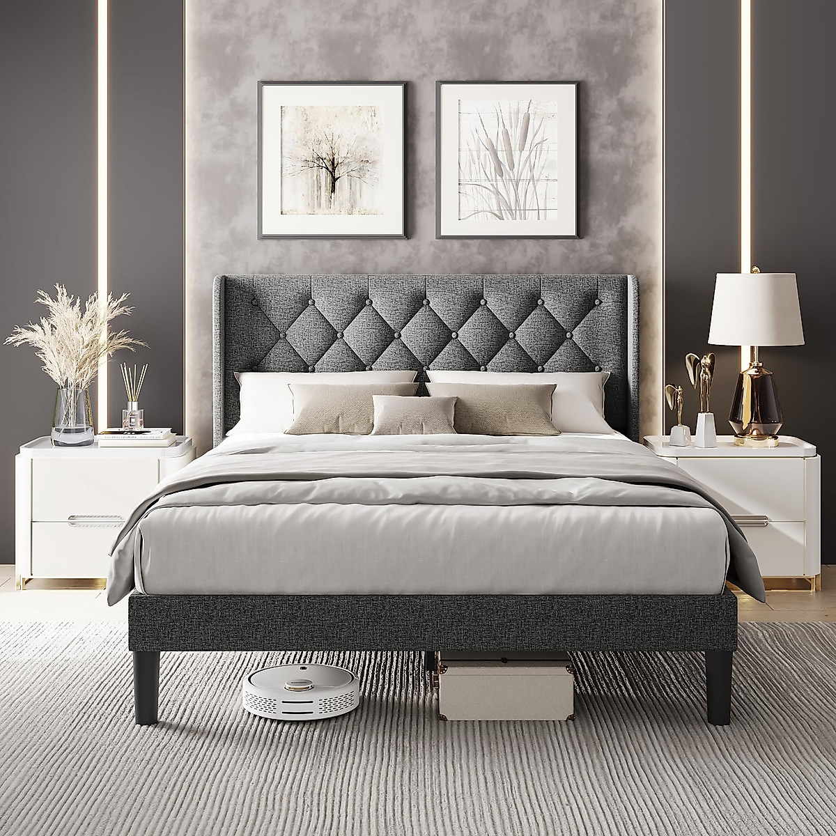 LINSY Full Size Bed Frame, Linen Upholstered Bed Frame with Headboard, Heavy Duty Platform Bed Full, NO Box Spring Needed, Noise-Free, Grey