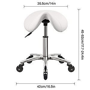 WKWKER Heavy Duty Saddle Rolling Stool with Wheels Hydraulic Swivel Adjustable Rolling Stool Ergonomic Thick Leather Seat Stool Chair for Kitchen Drafting Lab Office Salon Message Stool – White