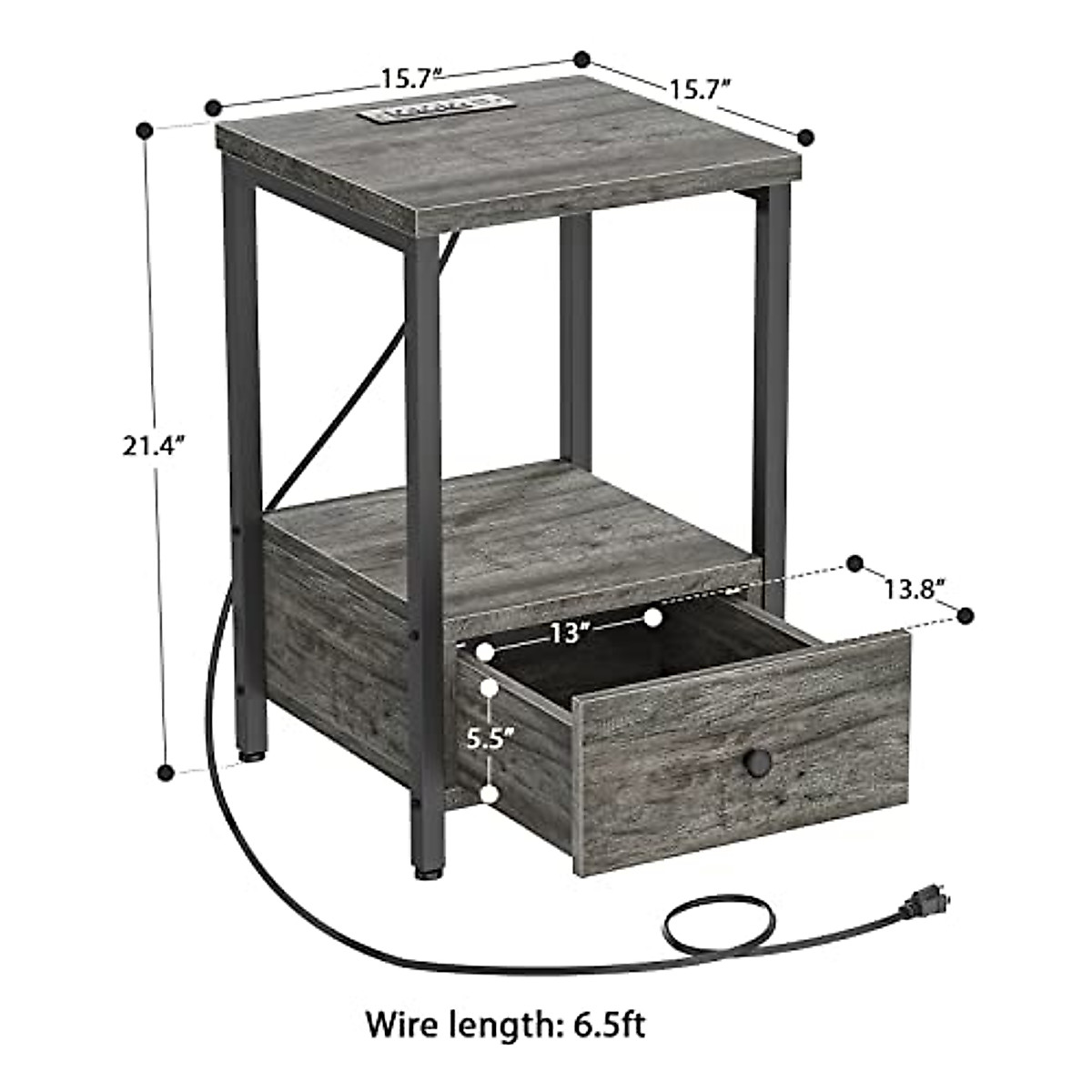 Ecoprsio Nightstands Set of 2 with Charging Station, Modern Night Stand Bedside Table with Storage Drawer and Shelf, End Side Table with USB Ports & Power Outlets for Bedroom Living Room, Grey Oak