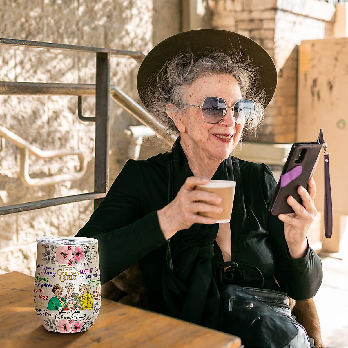 KAIRA Golden Girls Gifts 12 OZ Insulated Wine Tumbler Cup with Lid -Vacuum Stainless Steel Coffee Mug Stemless Cup- Funny Birthday Gifts Idea for Friends Women Girl (White)