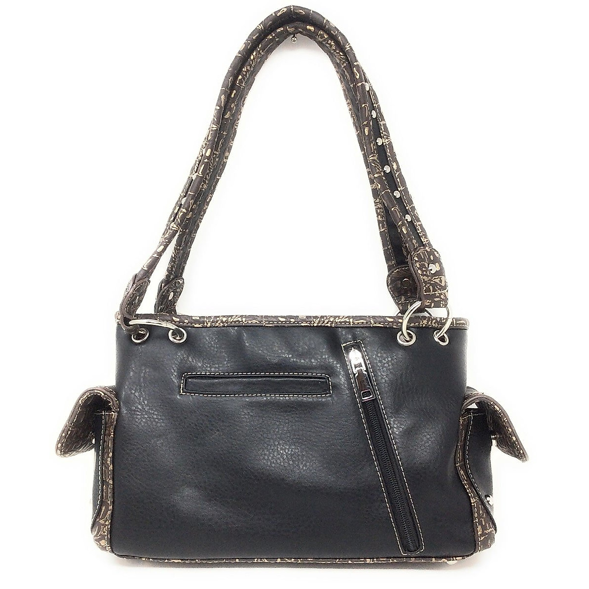 Texas West Rhinestone Embroidered Metal Skull Leather Womens Concealed Carry Handbag With Matching Wallet 6 colors (Black)