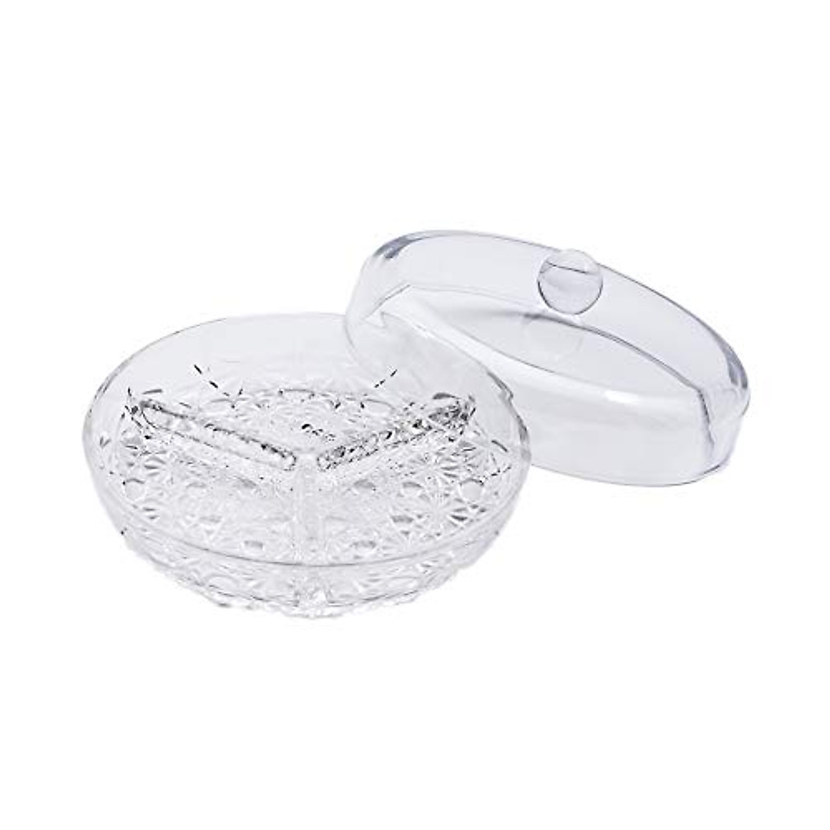 Huang Acrylic 3-Section Divided Serving Dishes with Lid | Round Snack and Condiment Tray with Cover | Multifunctional Party Snack Tray for Nuts, Candies, Fruit, and Veggies