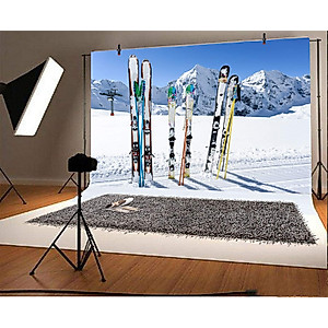 Leyiyi 10x7ft Ski Boards Stand in Snow Backdrop Cold Winter Sport Go Skiing Snow Covered Mountain Outdoor Adventure Photography Background Merry Christmas New Year Photo Studio Prop Vinyl Wallpaper
