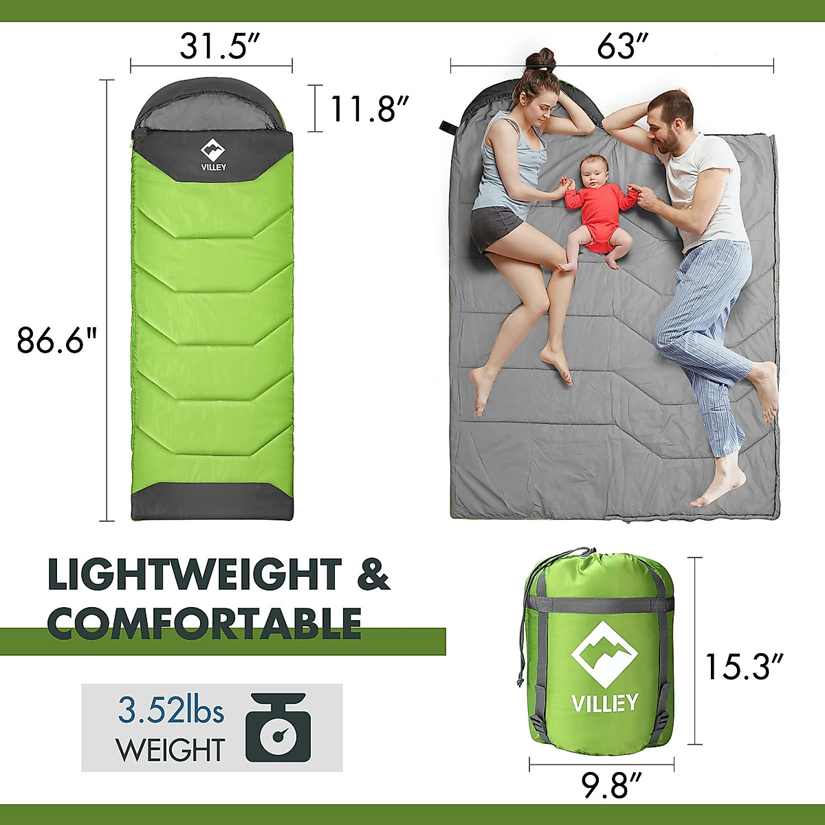 VILLEY Portable Camping Table with Adjustable Legs and Camping Sleeping Bag for Adults Boys and Girls