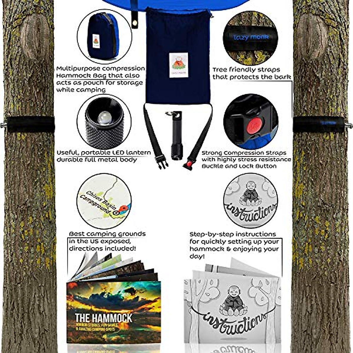 Lazy Monk 2 Person Hammock w/Tree Straps | Portable Foldable Parachute Double Hamock Outdoor, Travel, Camping | Hamaca para dos | Complete Two People Couple Patio Backyard Outside Hanging Swing Amaca