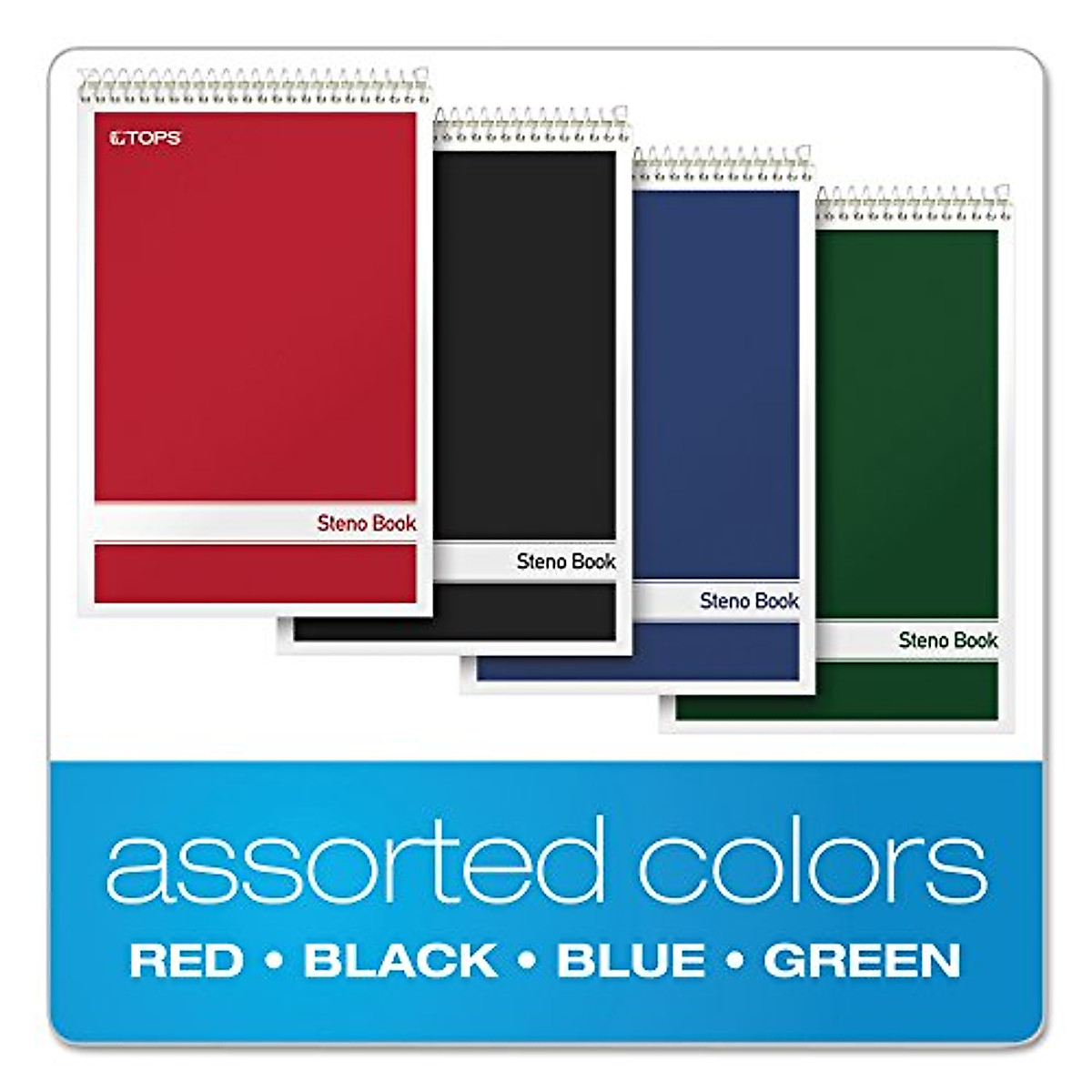 TOPS Steno Books, 6" x 9", Gregg Rule, Green Tint Paper, Assorted Color Covers, 80 Sheets, 4 Pack (80221)