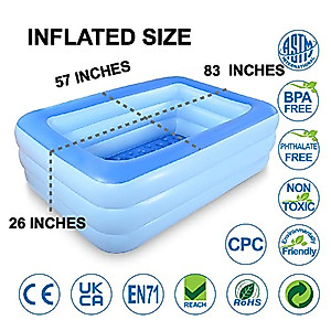 HIWENA Inflatable Family Swim Play Center Pool, 83" x 57" x 26" Giant Swimming Pool Summer Water Fun with Inflatable Soft Floor (83" Blue)