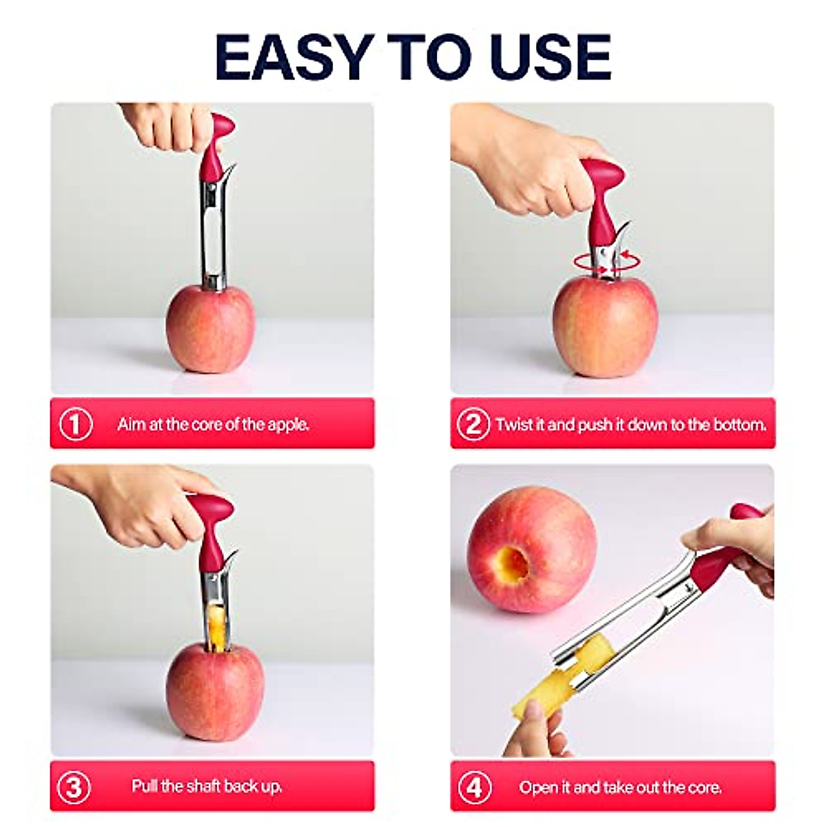 Apple Corer, Vakoo [Upgraded 2022] Food-Grade Stainless Steel Apple Corer Remover Tool for Removing Cores & Pits, Easy to Use Kitchen Gadget - Red