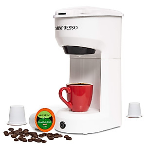 Mixpresso 2 in 1 Coffee Brewer Pods Compatible & Ground Coffee, Personal Coffee Brewer Machine, Compact Size Mini Coffee Maker, Quick Brew Technology 14 oz White Coffee Maker