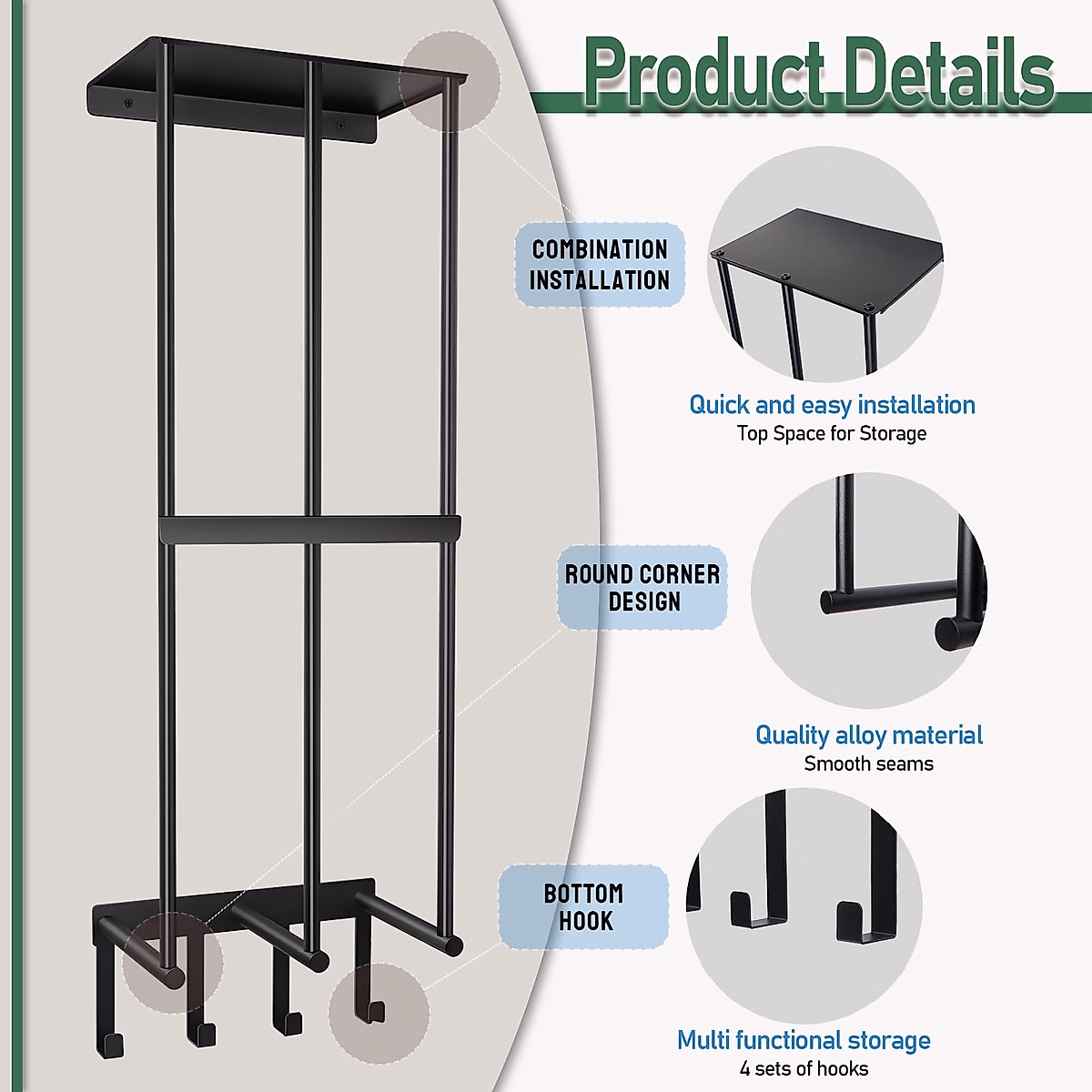 PUMHUBO Camping Chair Wall Storage for Garage - Metal Beach Lawn Chair Rack, Garage Storage and Organization Shelves, Wall Mounted Umbrella Storage Rack Holder with Floating Shelf and 4 Hooks Black