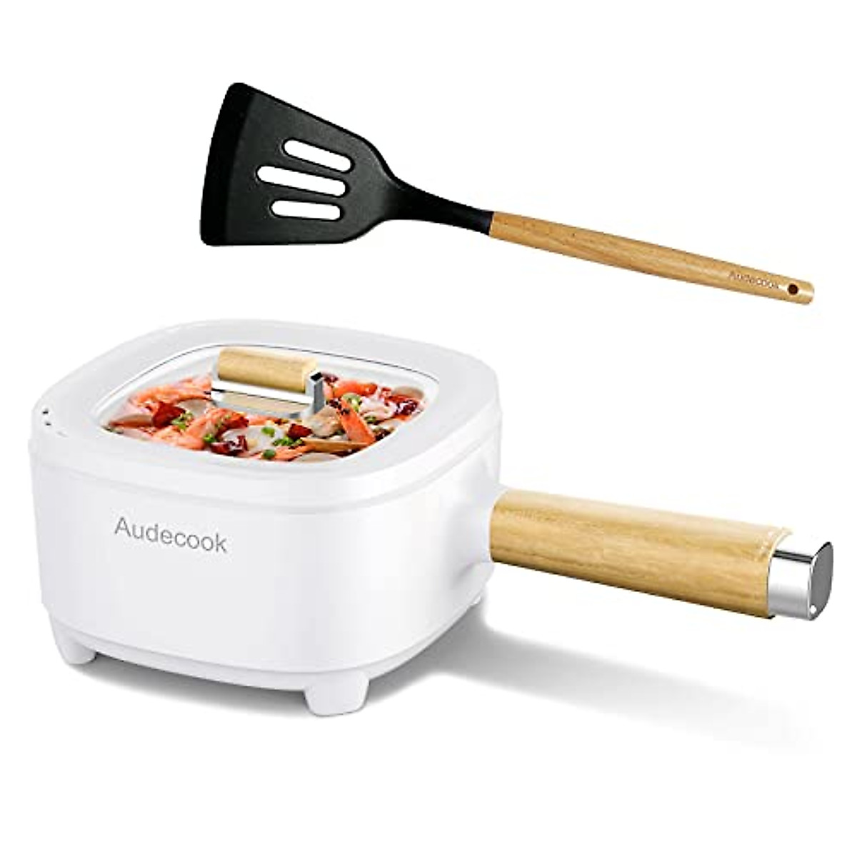 Audecook Hot Pot Electric 2L, Cermic Glaze Non-Stick Frying Pan 8 Inch, Portable Travel Cooker for Ramen/Steak/Fried Rice/Oatmeal/Soup, with Dual Power Control (Silicone Spatula Included)