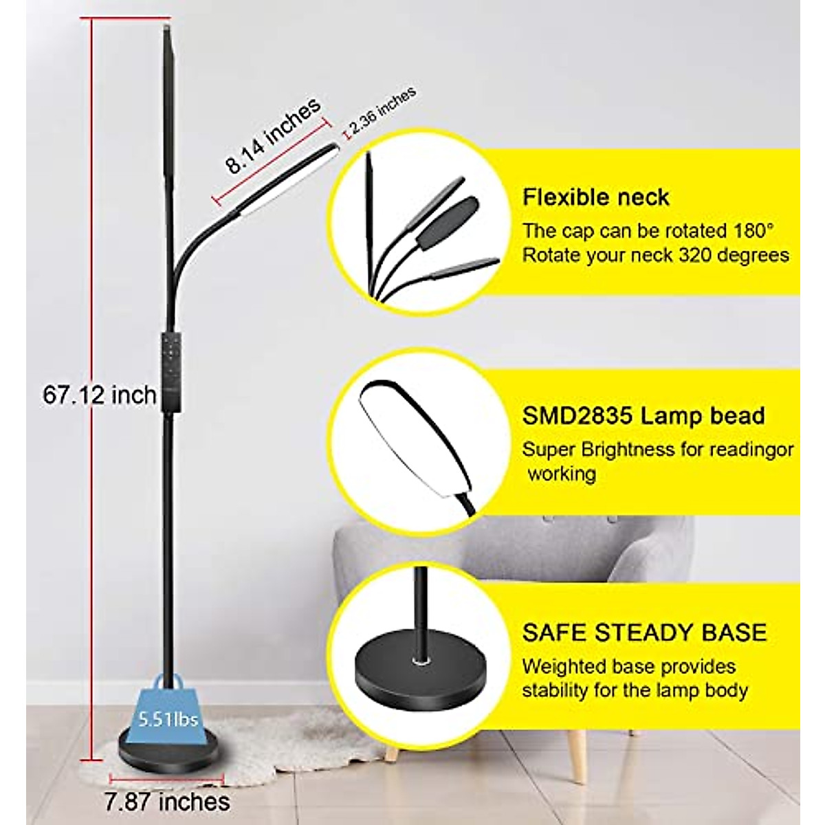 LED Floor Lamps Dimmable with Timer and Dimmer/Remote and Touch Control, 18W Bright Modern Standing Sofa Light, Adjustable Gooseneck Task Lighting for Reading Living Room Bedroom Office (Black)