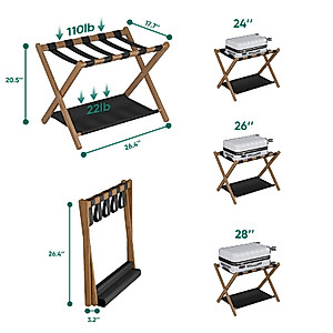 Smuxee Walnut Bamboo Luggage Rack Pack of 2, Foldable Suitcase Stand with Storage Shelf, Easily Assembled Luggage Stand with 5 Nylon-Straps for Guest Room Hotel Bedroom