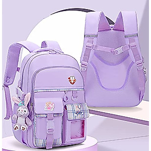 Myyunhx Backpack for Girls 17Inch Large Capacity Girl School Backpack for kid with Plush Cartoon Pendant and Decorative Card (Purple)