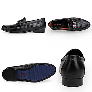 Black Mens Leather Dress Shoes, Premium Crocodile Print Moc-Toe Slip-on Loafer with Metal Buckle Penny Shoes for Mens, 9