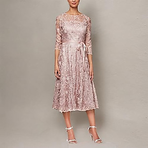 Alex Evenings Women's Tea Length Embroidered Cocktail Dress with Illusion Sleeves, Wedding Guest, Rose, 8