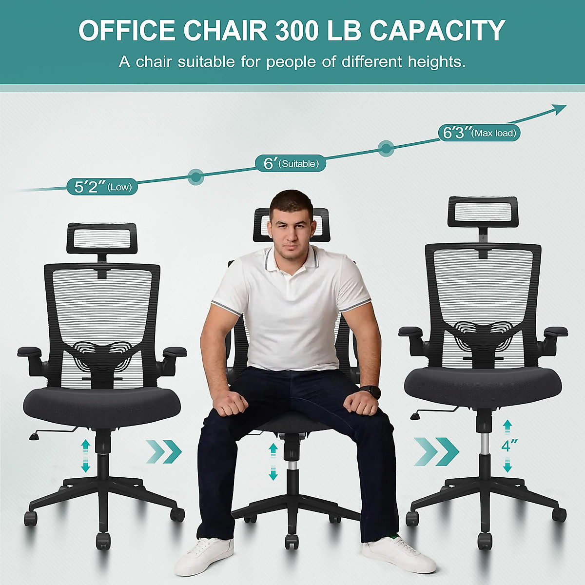 CBBPET Ergonomic Office Chair, Desk Chairs with Wheels, Mesh Office Chair with Lumbar Support, Comfortable with Reclining, Adjustable Armrest and Headrest