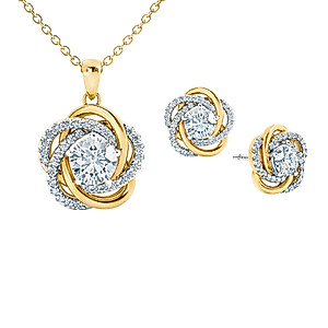 Perfectly Paired Love Knot Necklace w/ Love Knot Earrings, Matching Necklace & Earrings Set, 14k Gold Plated Necklace for Women, Luxurious Pendant w/ Over 85 Diamonisse Stones #4922-0098