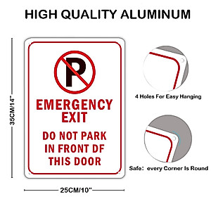 Emergency Exit Do Not Park in Front of This Door Aluminum Sign Durable Warning Wall Tin Sign Weather Resistant UV Protected Rust Free Aluminum Metal Wall Sign Decoration For Home Gate 14x10in