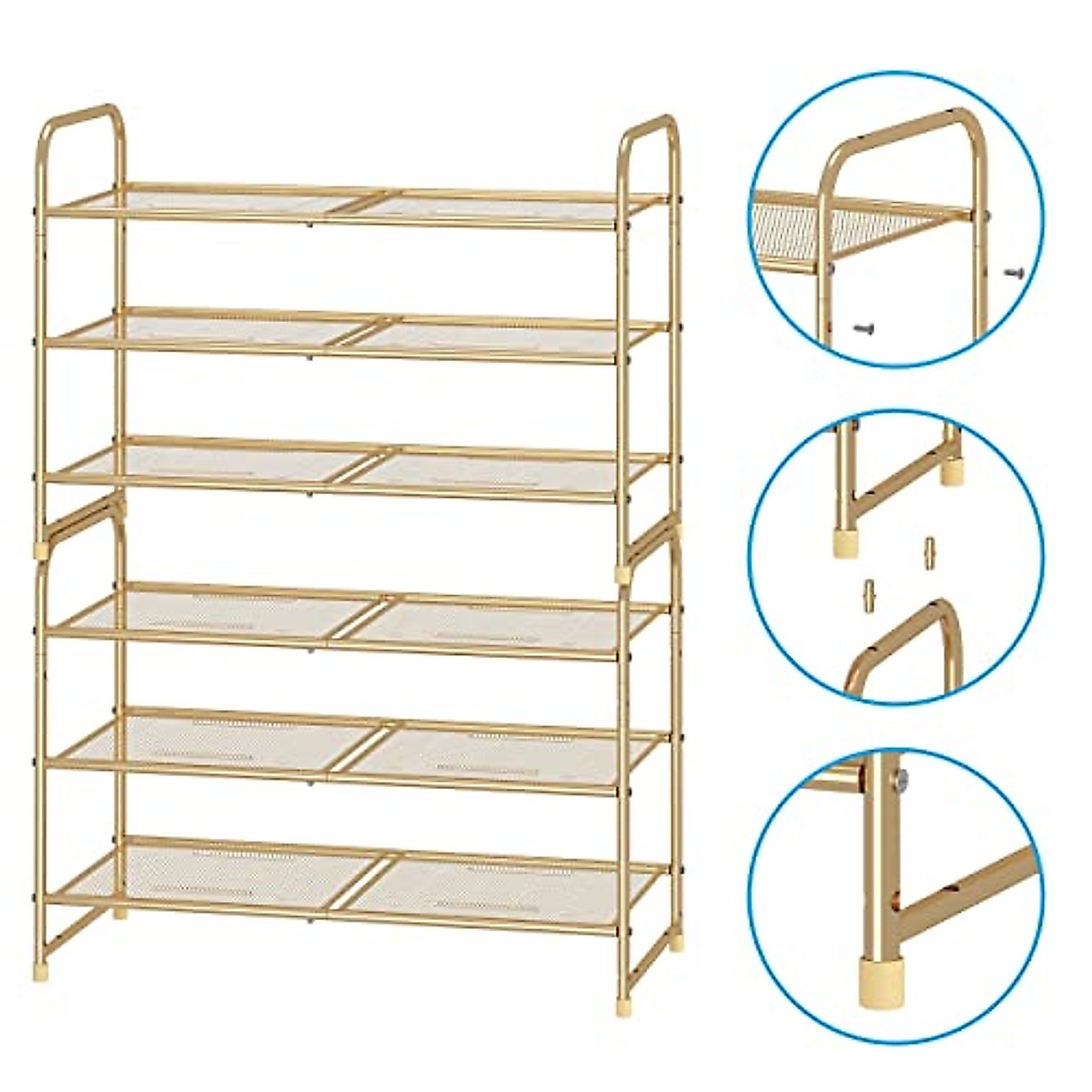 Simple Trending 3-Tier Stackable Shoe Rack, Expandable & Adjustable Shoe Shelf Storage Organizer, Metal Mesh, Gold