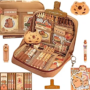 Seqgante Cute Capybara Pencil Case with 12 Compartments 90° Wide Opening Mouth Pencil Pouch with Kawaii Pins Plush Cute Stationery