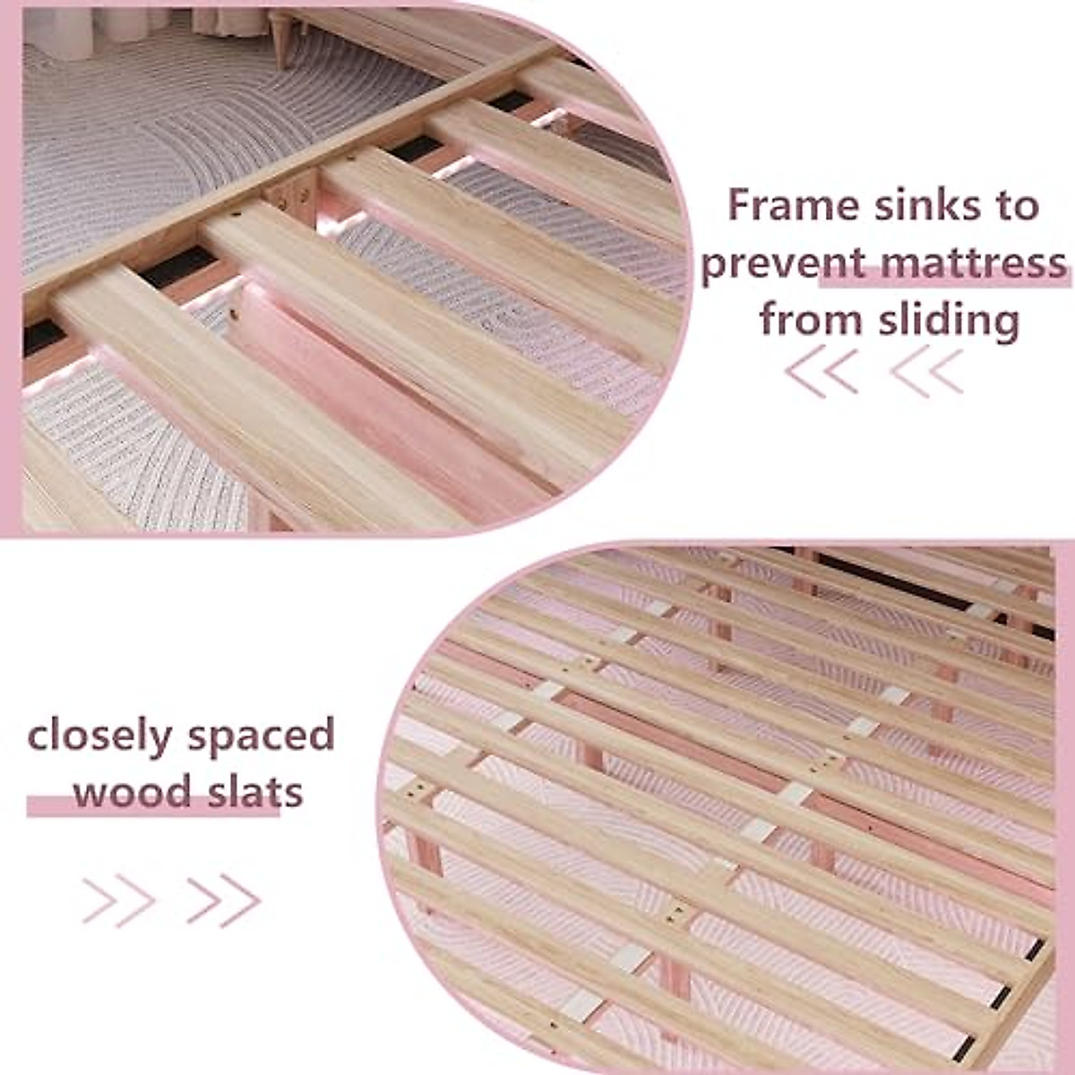 Natural Solid Rubber Wood King Bed Frame with Outlets, Platform Bed with Wooden Headboard and Slats, No Box Spring Needed, Easy Assembly, King Size