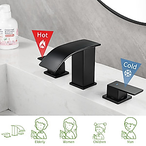 VIKASI Waterfall Bathroom Faucets for Sink 3 Hole Matte Black Bathroom Sink Faucet with Pop Up Drain 8 Inch Widespread Vanity Faucets Basin Faucet Modern Vanity Faucet 2 Handle Lavatory Faucet