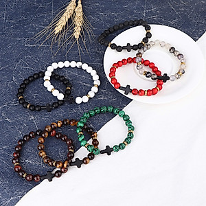 YADOCA 8 Pcs 8MM Beads Bracelet for Men Women Lava Rock Tiger Eye Stone Howlite Natural Stone Stretch Elastic Cross Bracelet Set