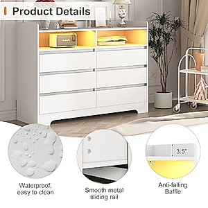 CIPACHO White Dresser for Bedroom,Modern 6 Drawer Dresser with LED Light and Open Shelf,Wide Storage Chest of Drawers,Bedroom Storage Furniture