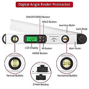 16 inch/40cm Aluminum Digital Angle Finder Built-in Bubble Vials, XUNTOP Digital Protractor 0-225° with Large Backlit Display Ideal for Interior Designer Carpenter Woodworker