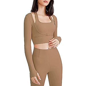 COZYPOIN Women Yoga Bra Long Sleeve Cropped Athletic Shirts Workout Tops Gym Cutout Sports Tees with Built(Coffee-S)