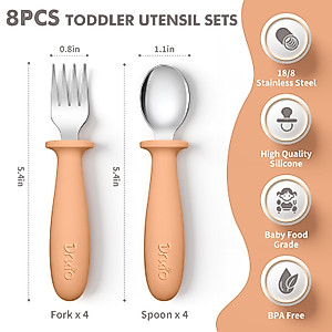 DRKIO 8 Pieces Toddler Utensils Set - Kids Silverware Set with Silicone Handle Children Safe 18/8 Stainless Steel Forks and Spoons Anti-Choke Design Food Grade Dishwasher Safe