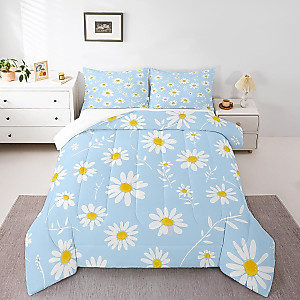 Manfei Daisy Comforter Set Twin Size, White Flower Leaves Bedding Set 2pcs for Kids Boys Girls Bedroom Decor, Botanical Garden Artwork Quilt Set Soft Polyester Duvet Set with 1 Pillowcase
