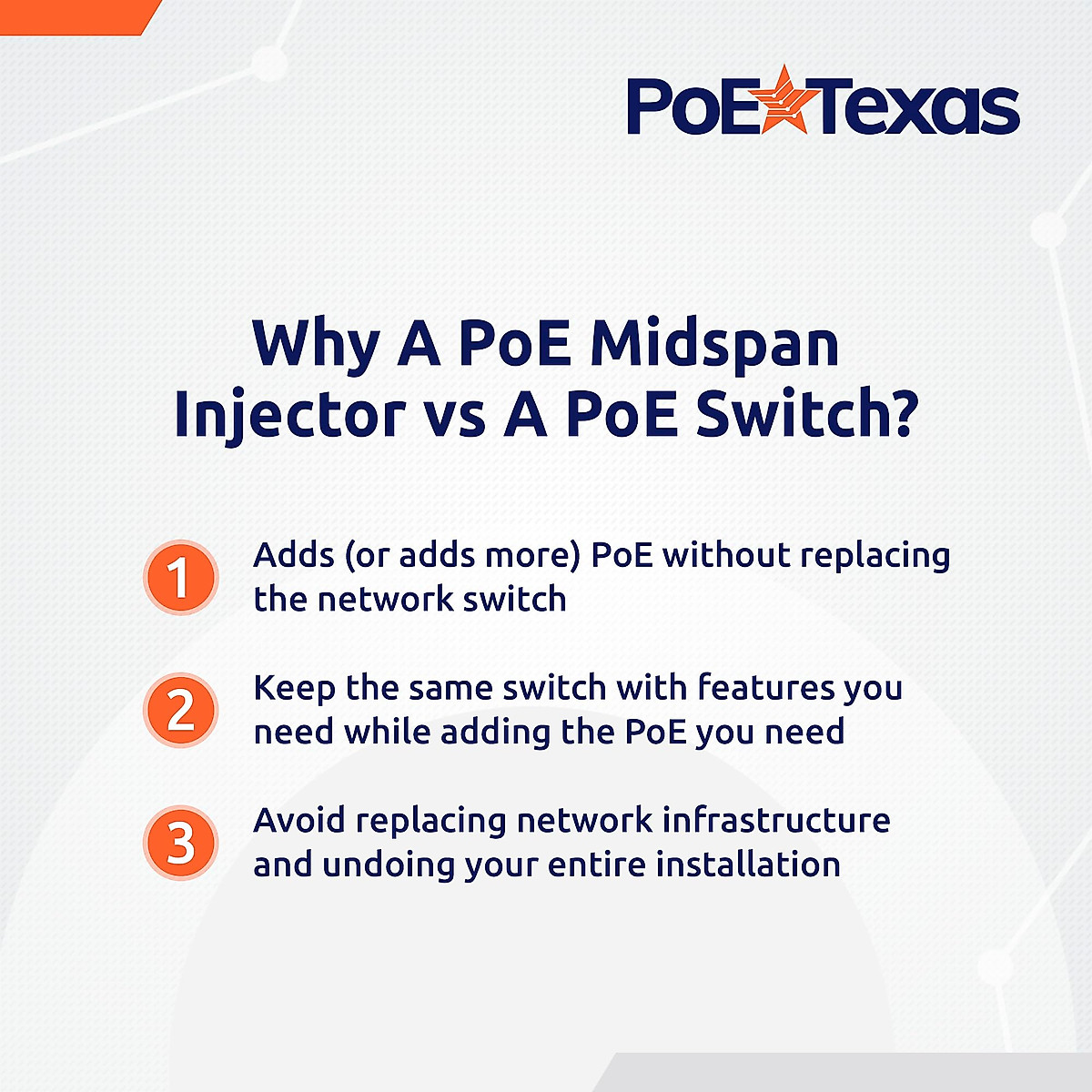 PoE Texas 8 Port PoE Injector - Gigabit Passive Power Over Ethernet Midspan - Front Wall Mount Solution for Security Cameras, IP Phones, WiFi APs - Add PoE to Non-PoE Switch (Without Power Supply)